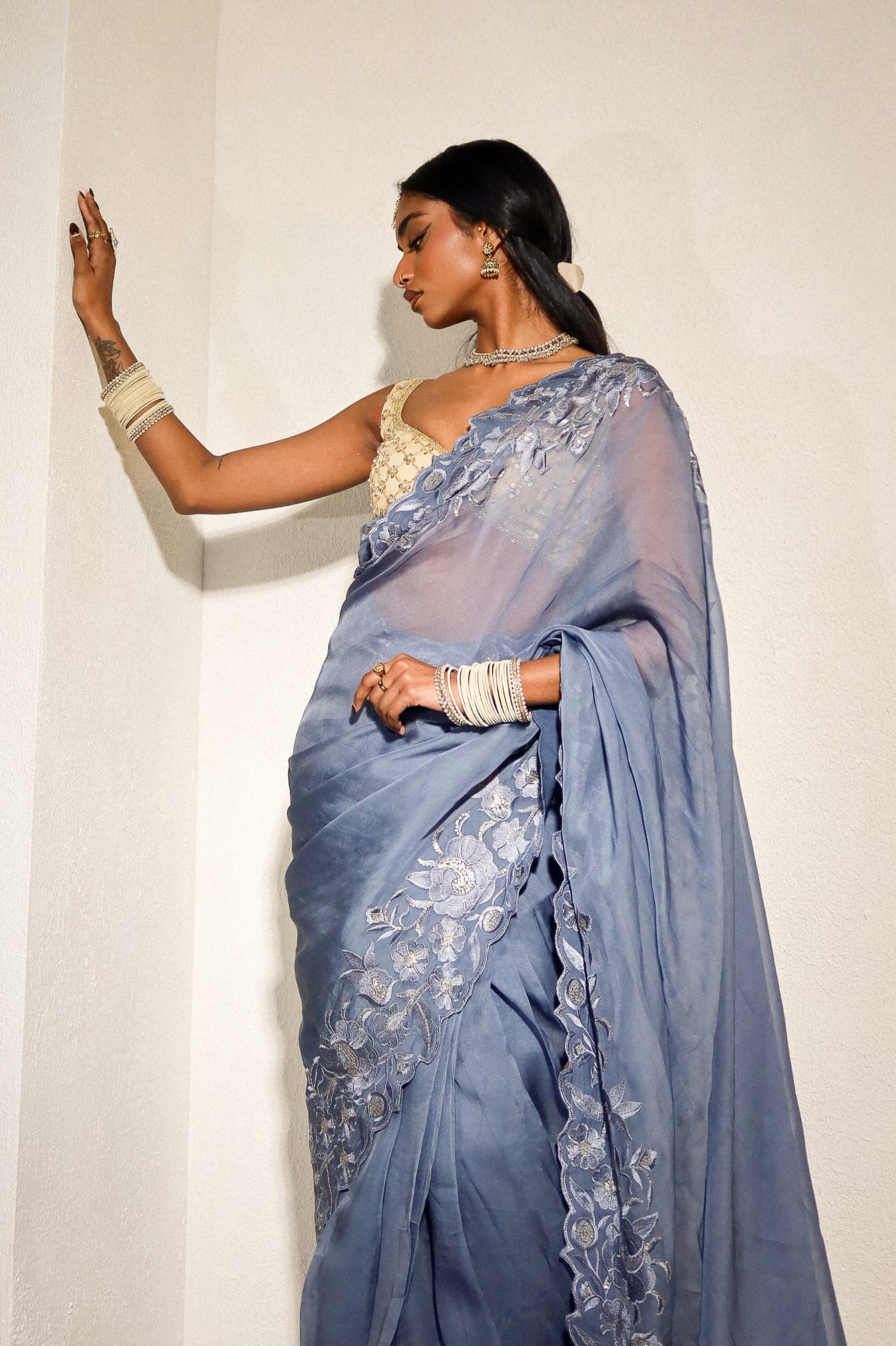Slate Veil Easy-Drape Saree | The Saree Room